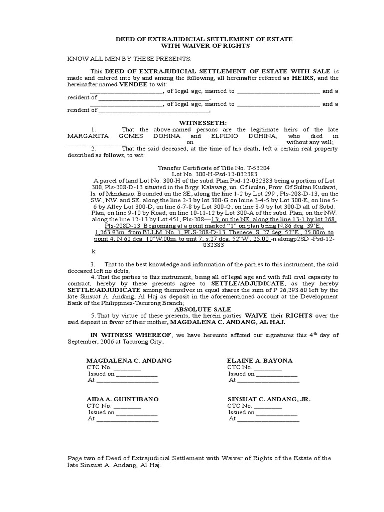 Deed of Extrajudicial Settlement of Estate | PDF | Land Lot | Property