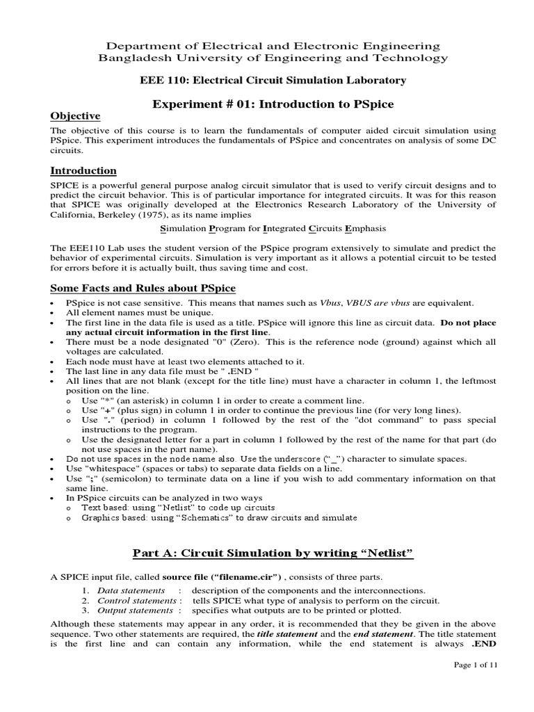 Experiment # 01: Introduction To Pspice: Eee 110: Electrical Circuit Simulation Laboratory ...