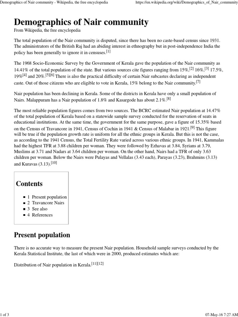 Demographics of Nair Community - Wikipedia, The Free Encyclopedia | PDF ...