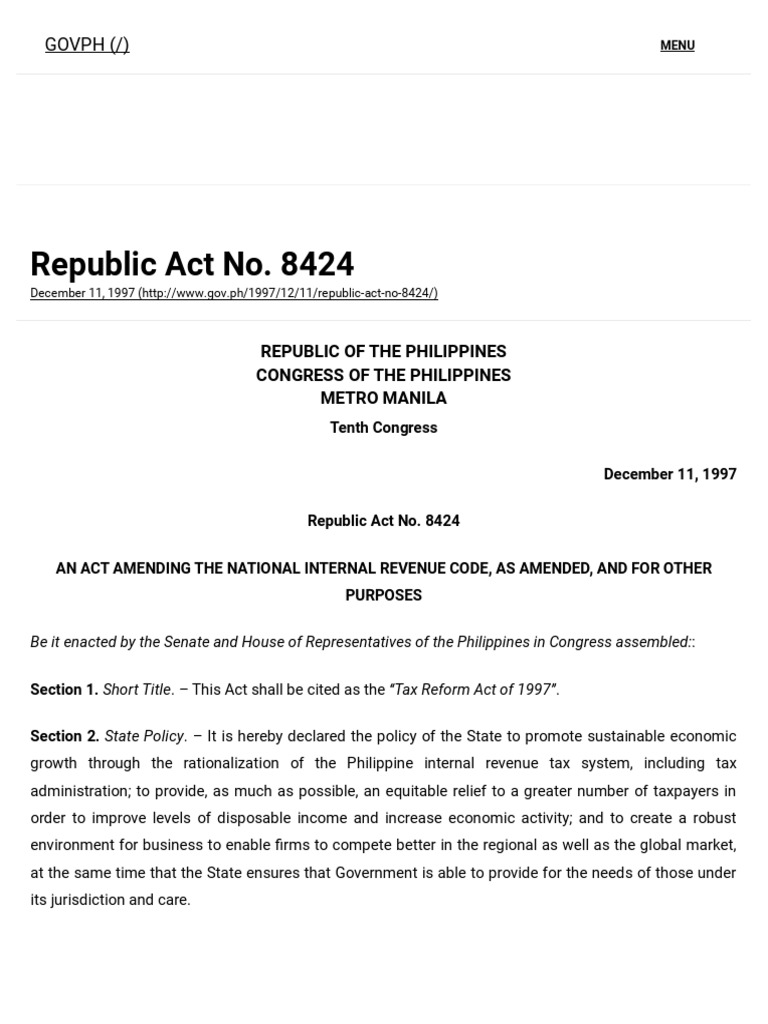 Republic Act No 8424 | PDF | Capital Gains Tax | Internal Revenue Service