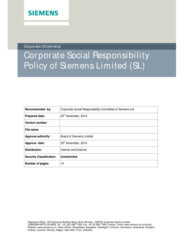Siemens Limited India Corporate Social Responsibility Policy December ...