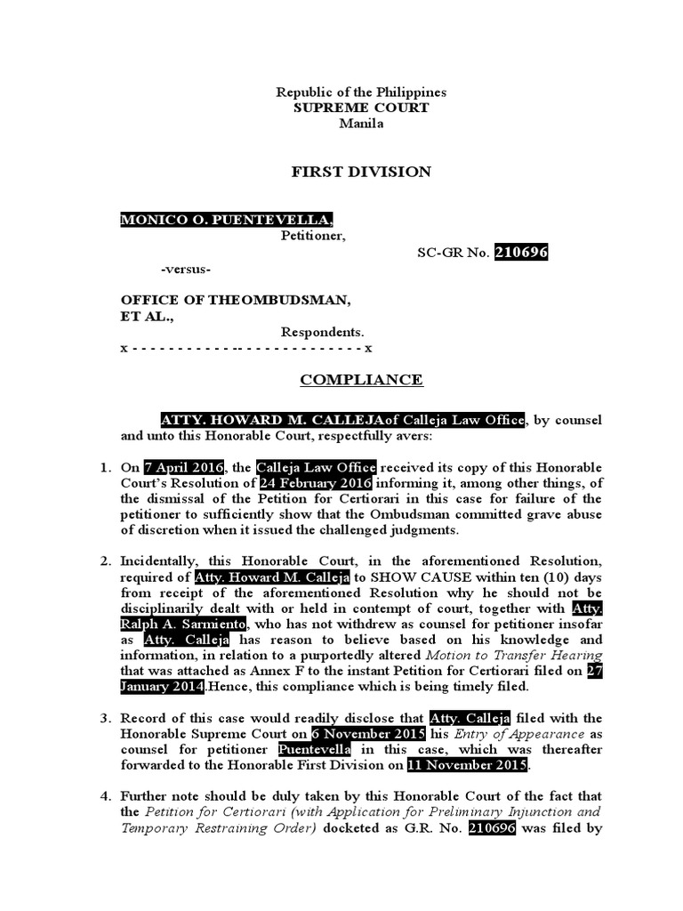 Compliance-Show Cause Order | PDF | Certiorari | Injunction