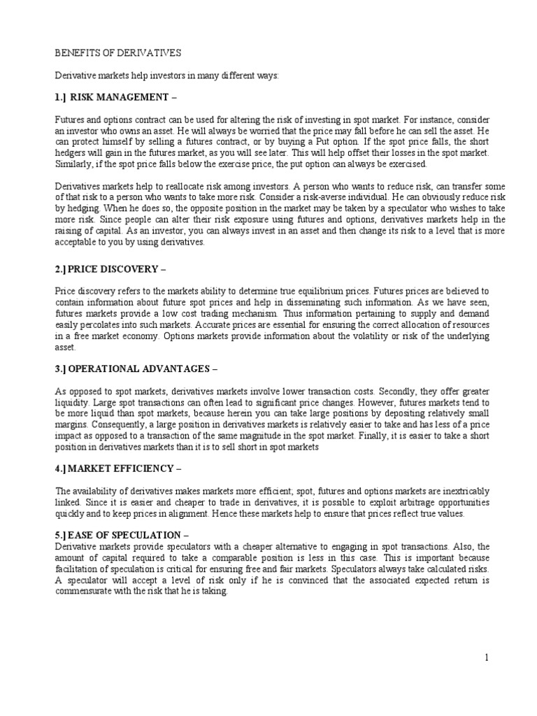Importance and Benefits of Derivatives | PDF | Derivative (Finance ...