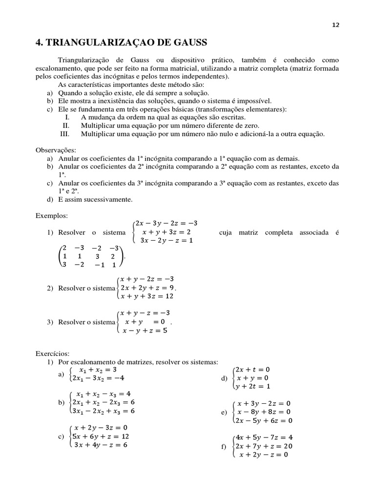 4.TRIANGULARIZAÇÃO DE GAUSS A | PDF | Sistema de Equações Lineares ...