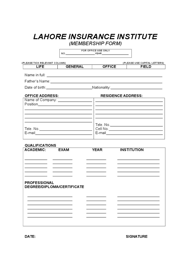 Lahore Insurance Institute: (Membership Form) | PDF | Career & Growth