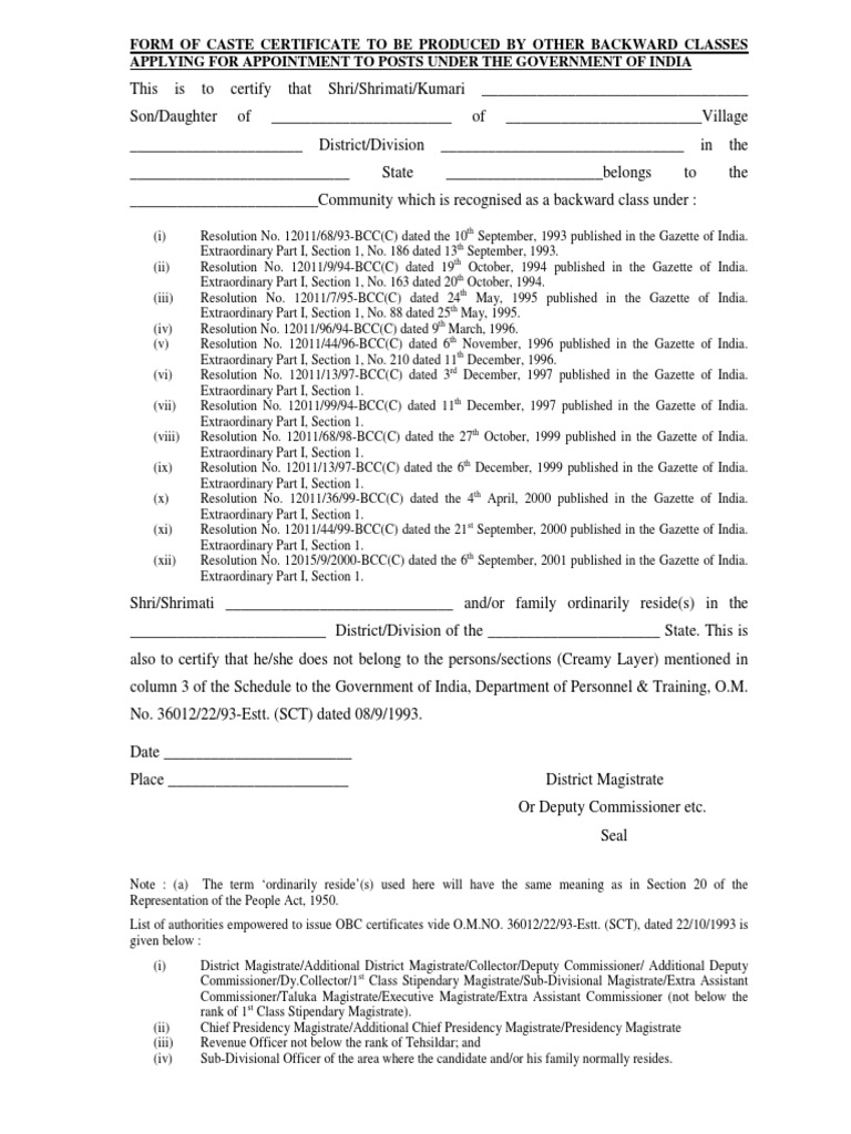 BKPL OBC Form PDF | PDF | Magistrate | Government Of India