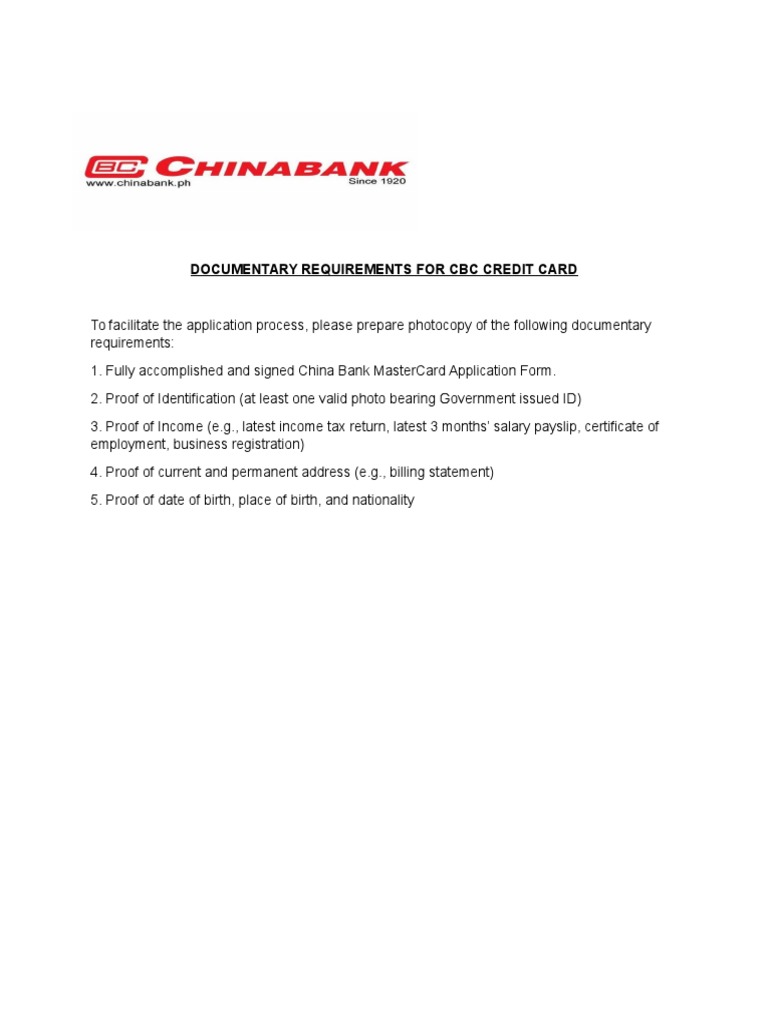 Documentary Requirements For CBC Credit Card | PDF | Finance & Money ...