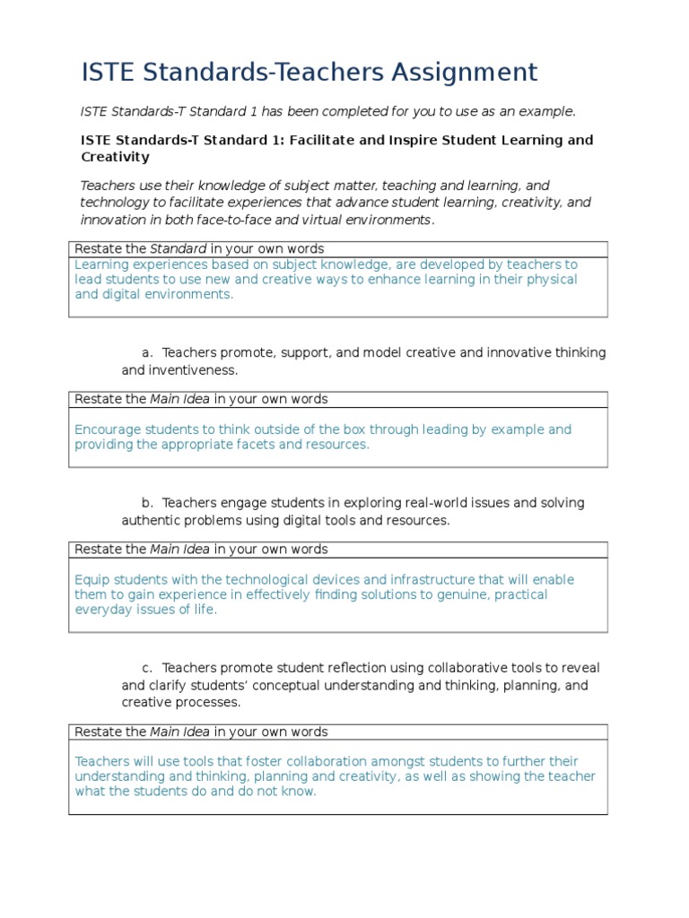 ISTE Standards-Teachers Assignment: ISTE Standards-T Standard 1 ...