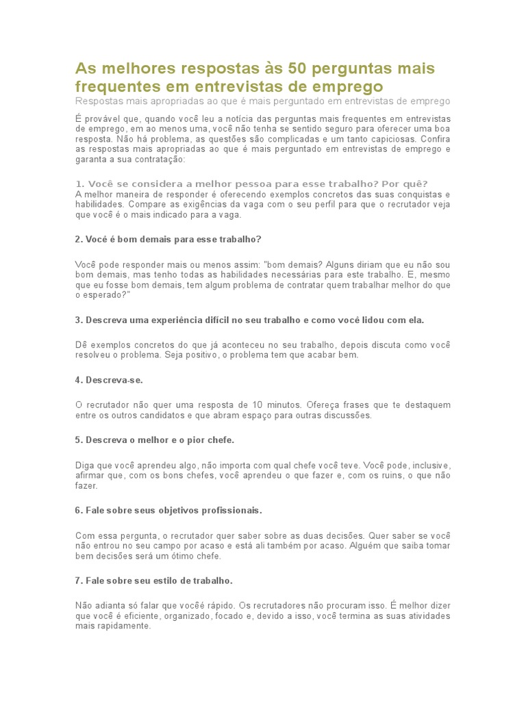 Respostas Ideais para 50 Perguntas de Entrevista | PDF | Experiência ...