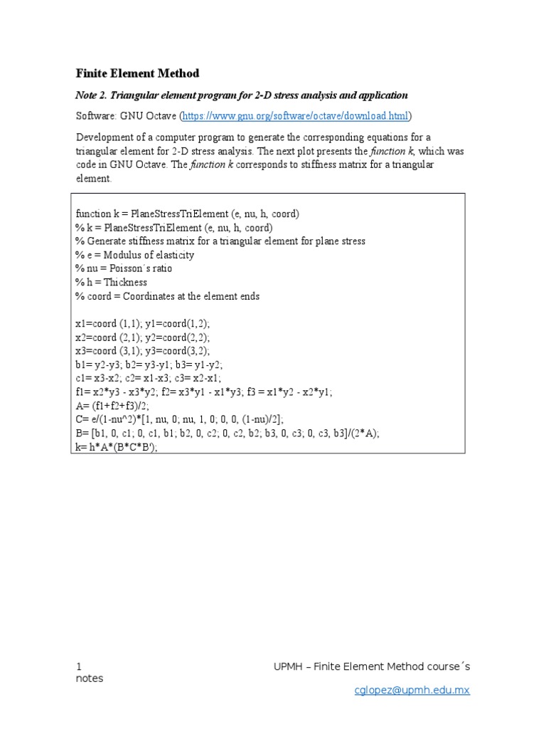 Finite Element Method: Note 2. Triangular Element Program For 2-D Stress Analysis and ...