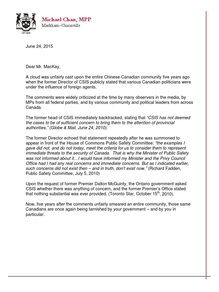 Letter From Michael Chan To Peter MacKay | PDF | Public Sphere | Government