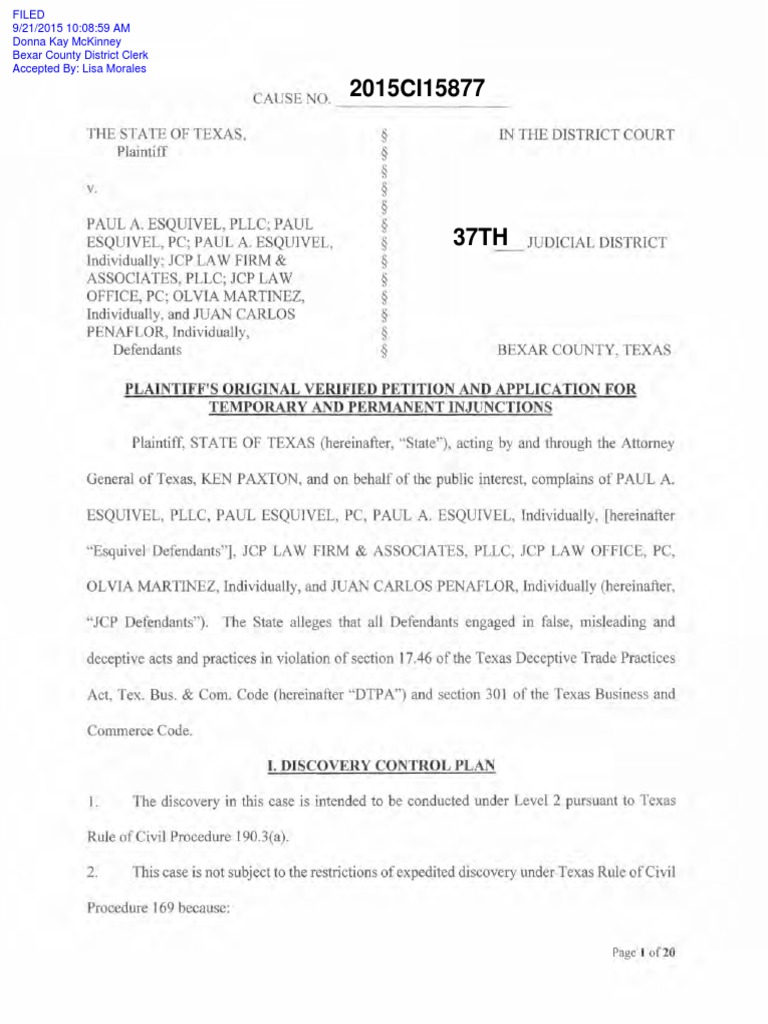 Esquivel Original Petition and Application For Temporary and Permanent Injunctions | PDF ...