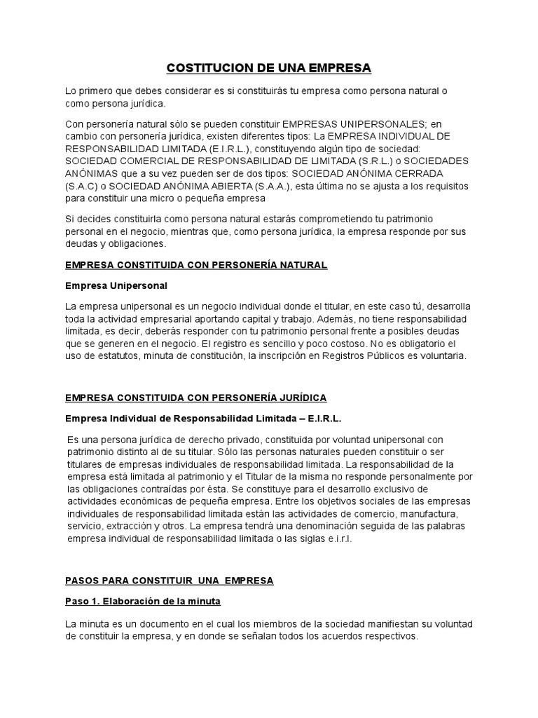 Constitucion de La Empresa y Paso 1 | PDF | Compañía de responsabilidad limitada | Bienes (Ley)