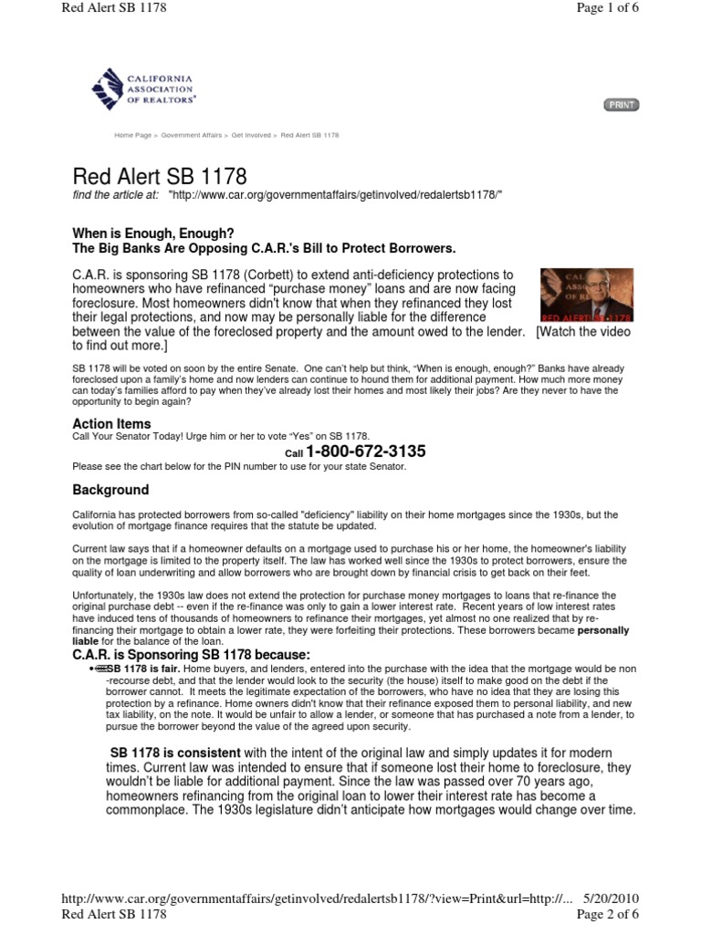 Red Alert SB 1178: When Is Enough, Enough? | PDF | Refinancing ...