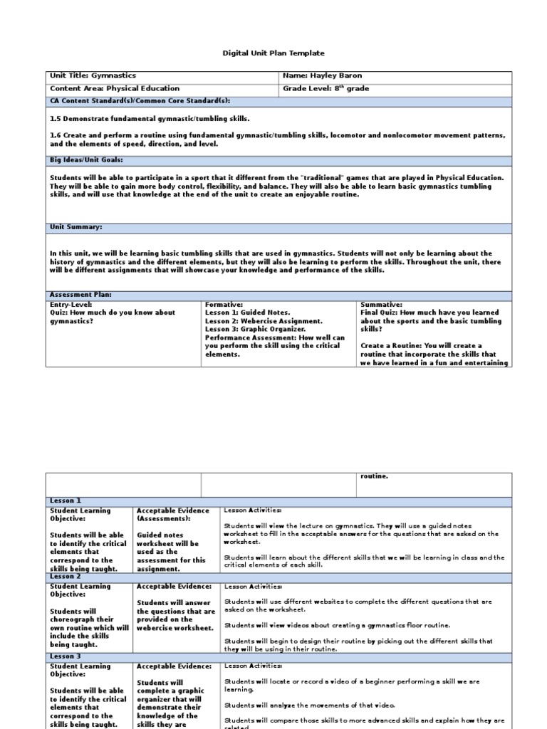 Digital Unit Plan Template Unit Title: Gymnastics Name: Hayley Baron ...