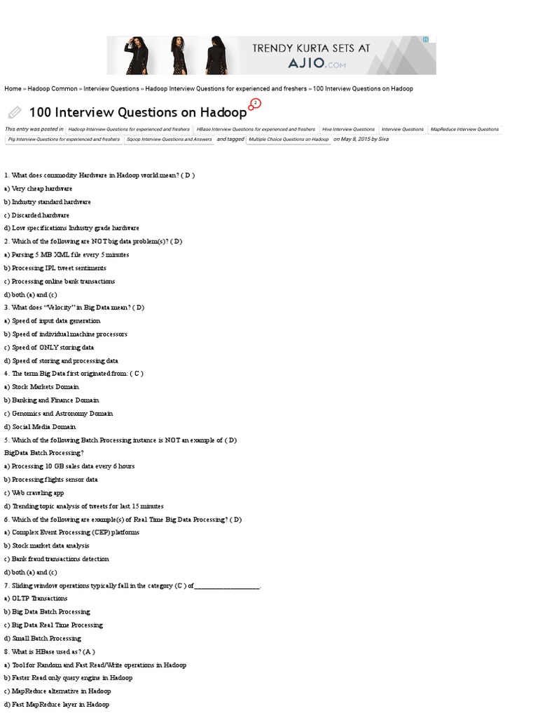 100 Interview Questions | Download Free PDF | Apache Hadoop | Map Reduce