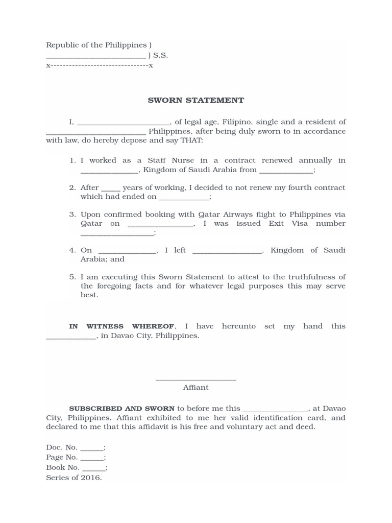 Sworn Statement - Sample | PDF | Business | Finance & Money Management