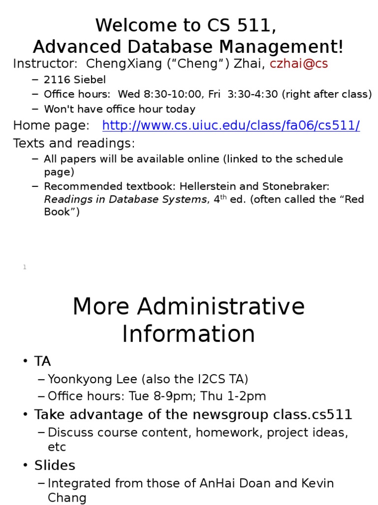 Welcome To Cs 511, Advanced Database Management!: Instructor ...