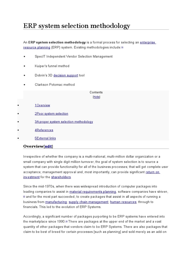 ERP System Selection Methodology | PDF
