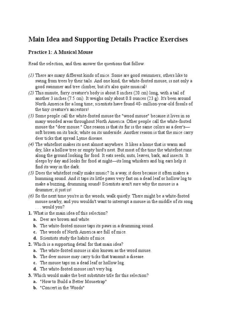 Main Idea and Supporting Details Practice Exercises | PDF | Mouse ...