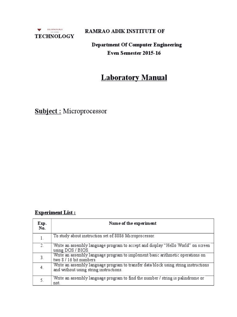 MP Lab Manual | PDF | Subroutine | Assembly Language