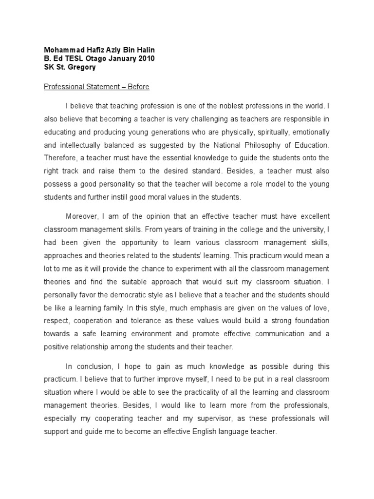 Professional Statement of a Future Teacher | PDF | Career & Growth