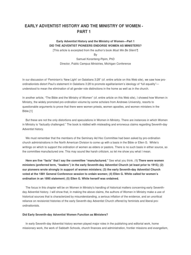 Early Adventist History and The Ministry of Women - Part 1 PDF | PDF ...