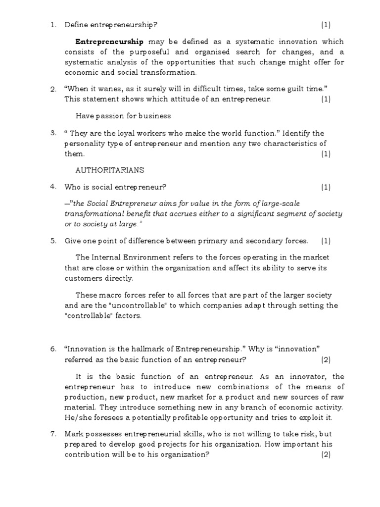 Entrepreneurship SA1 QP2 (Question & Answer) | PDF | Entrepreneurship ...