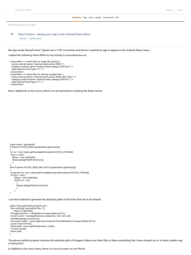 Best Practice - Adding Your App To The Android Share Menu - Stack Overflow PDF | PDF | Android ...