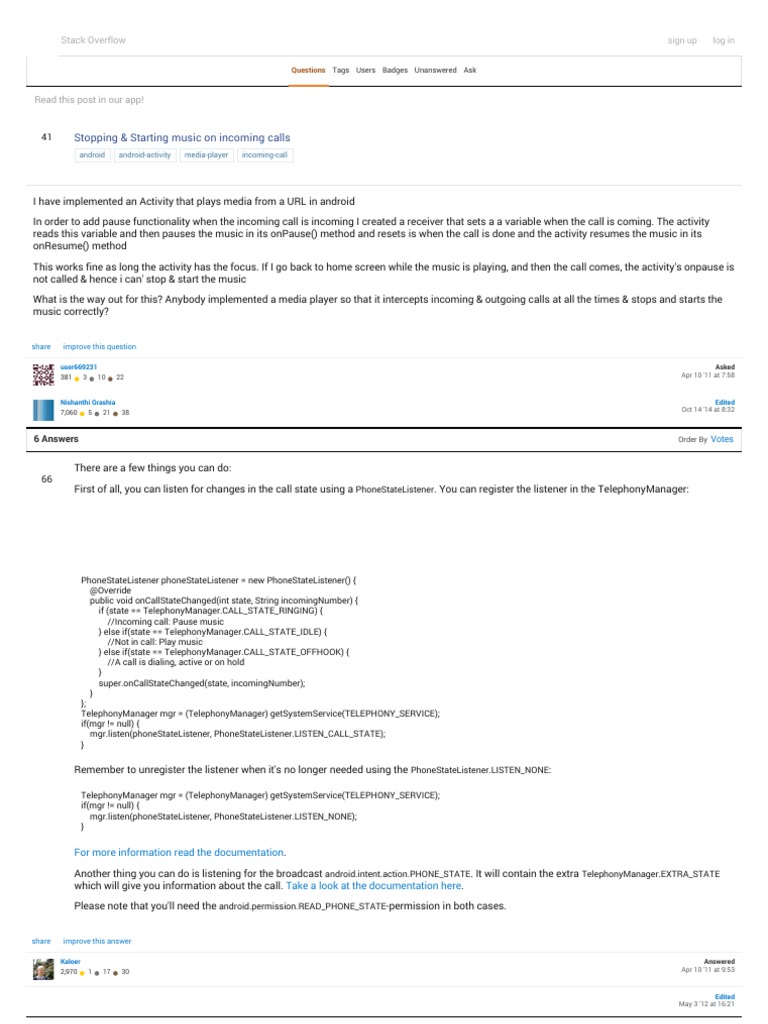 Stopping & Starting Music On Incoming Calls - Stack Overflow PDF | PDF | Communication | Software