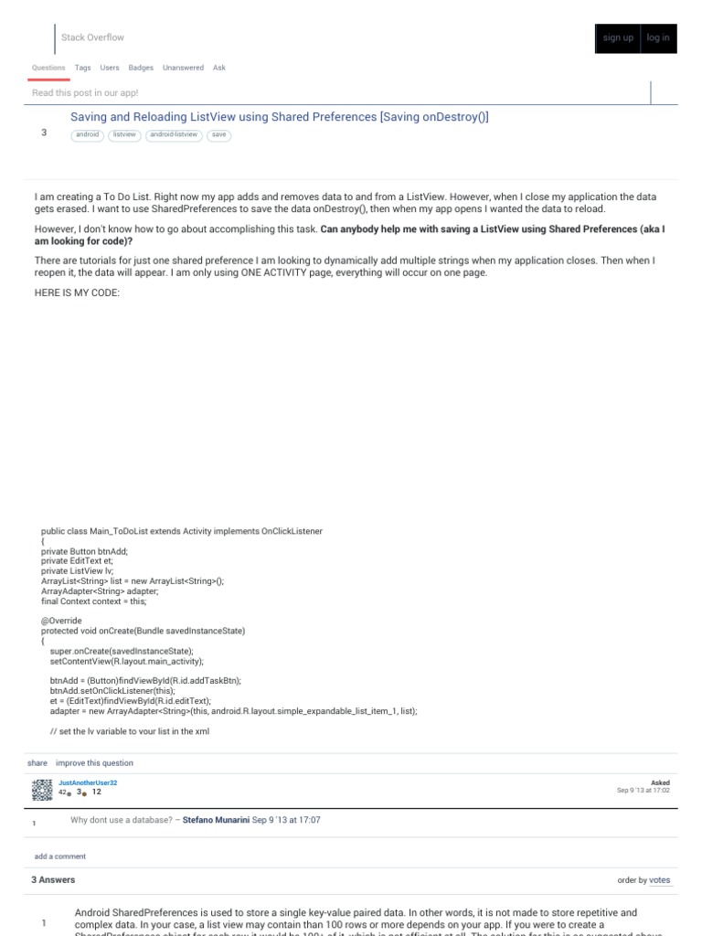 Saving and Reloading ListView Using Shared Preferences (Saving Ondestroy ) - Stack Overflow PDF ...