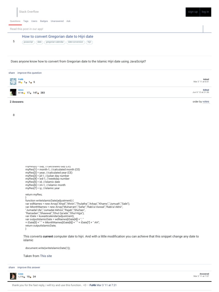 How To Convert Gregorian Date To Hijri Date - Stack Overflow PDF | Download Free PDF | World ...