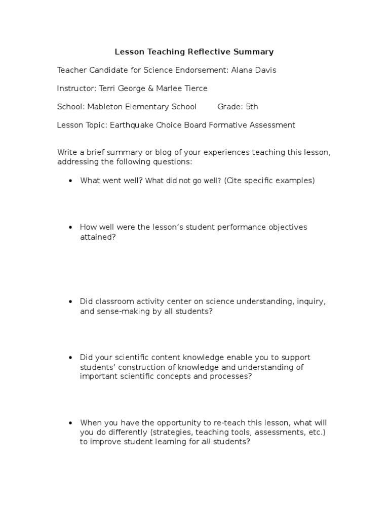 Earthquake Choice Board Lesson Reflective | PDF | Earthquakes | Science