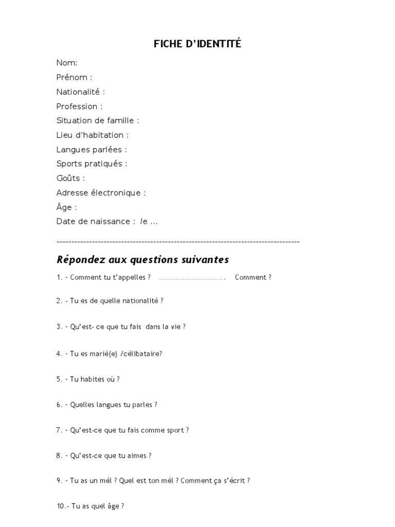 Fiche D Identité à Compléter Fle Pdf
