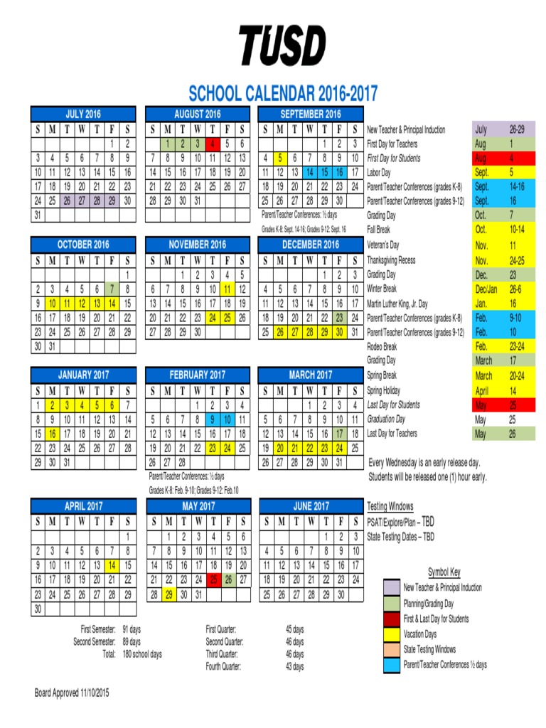 TUSD Academic Calendar 2016-2017 | PDF