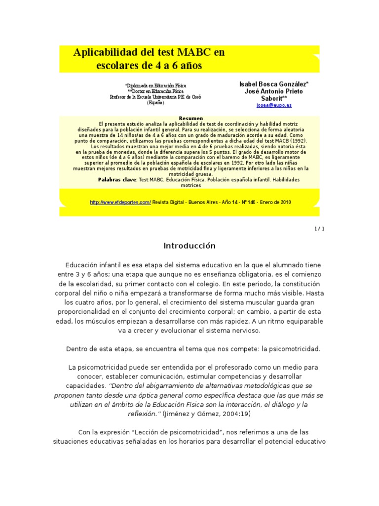 Aplicabilidad Del Test MABC en Escolares de 4 A 6 Años | PDF ...