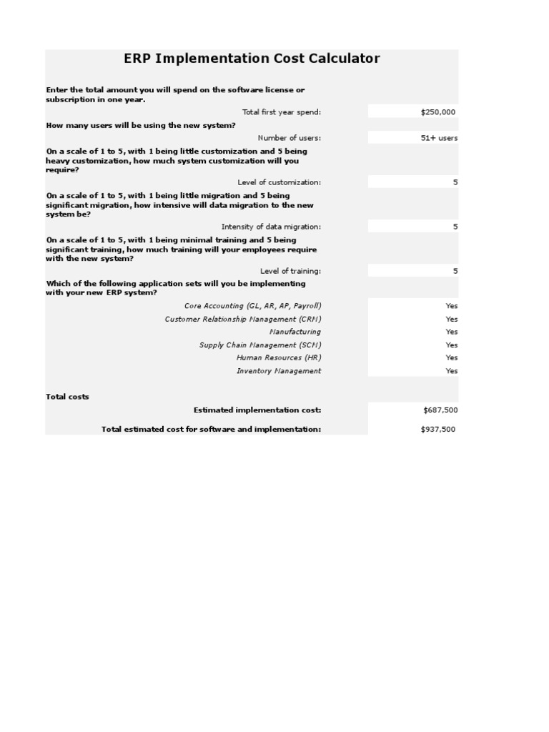 Erp Implementation Cost Calculator | PDF
