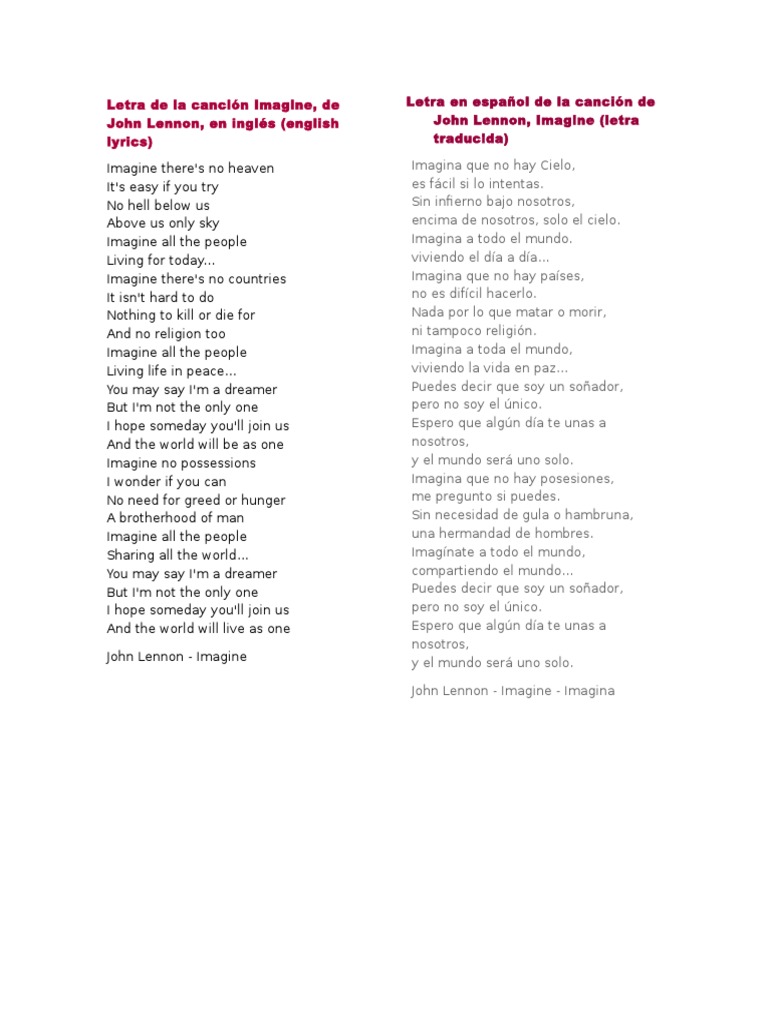 Letra de La Canción Imagine (Inglés-Español) | PDF | Leisure ...