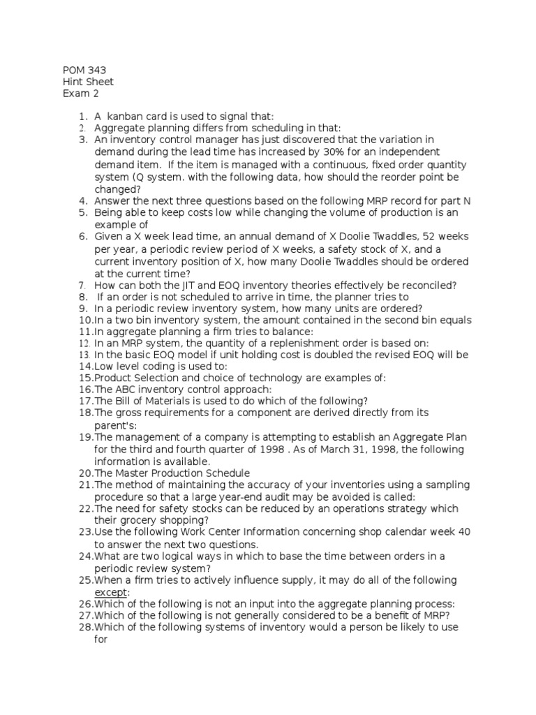POM Exam 2 Hint Sheet | PDF | Inventory | Commercial Item Transport And ...
