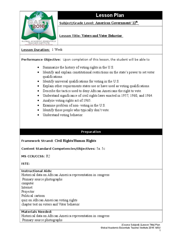 Voter Behavior Lesson Plan for 12th Grade | PDF | Voting Rights Act Of ...