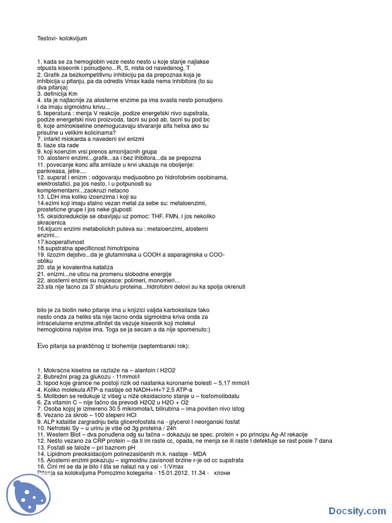 Testovi Ispit Biohemija Medicina - PDF PDF | PDF