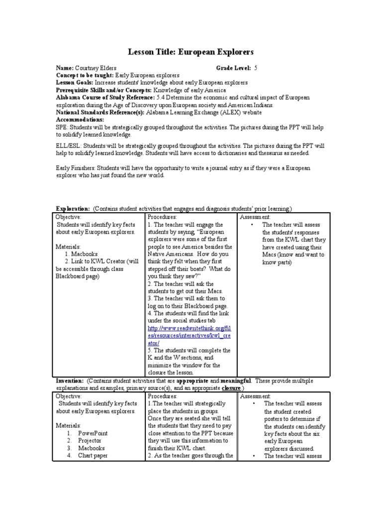 European Explorers Lesson Plan | PDF | Educational Assessment | Teachers