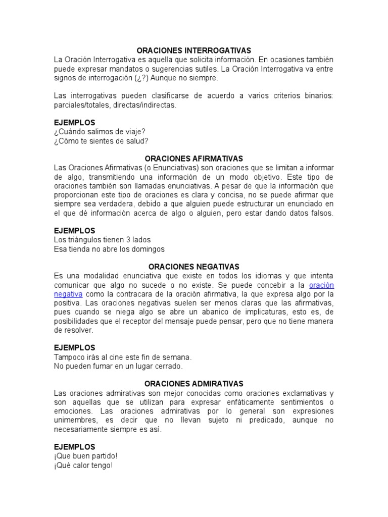ORACIONES INTERROGATIVAS Afirmativas Negativas Admirativas ...