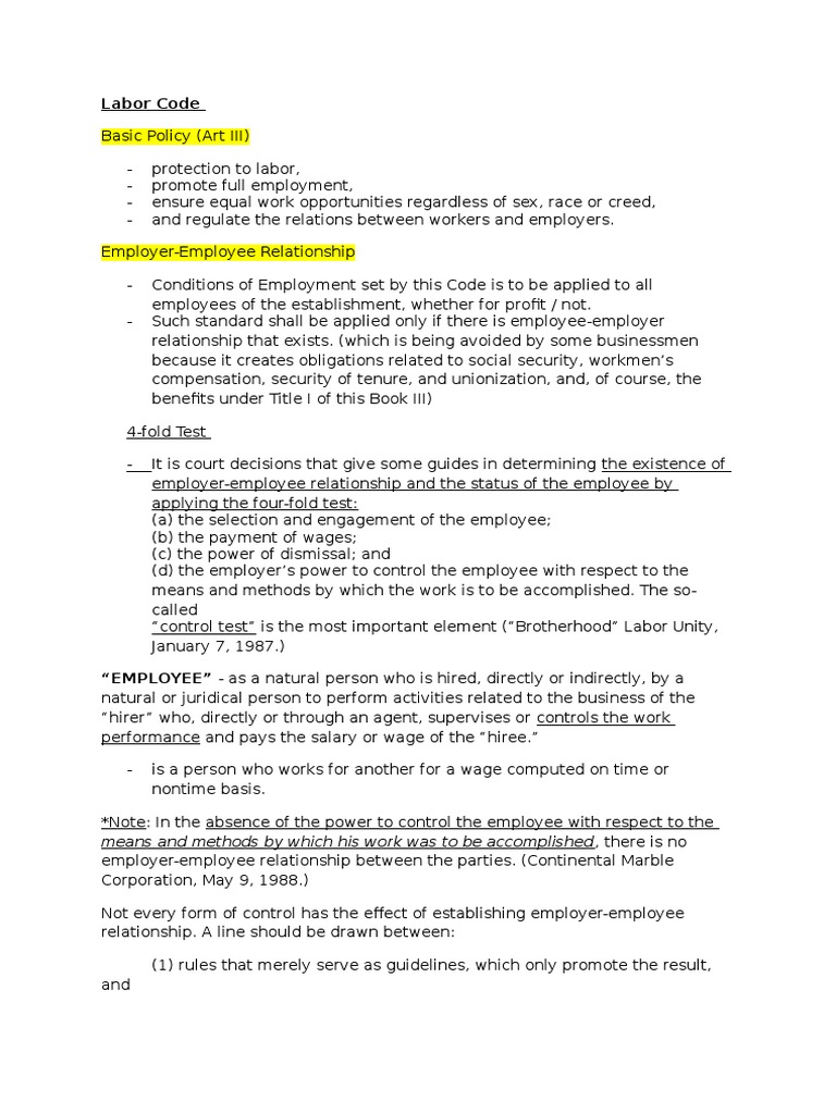 Employer-Employee Relationship (Notes) | PDF | Independent Contractor ...