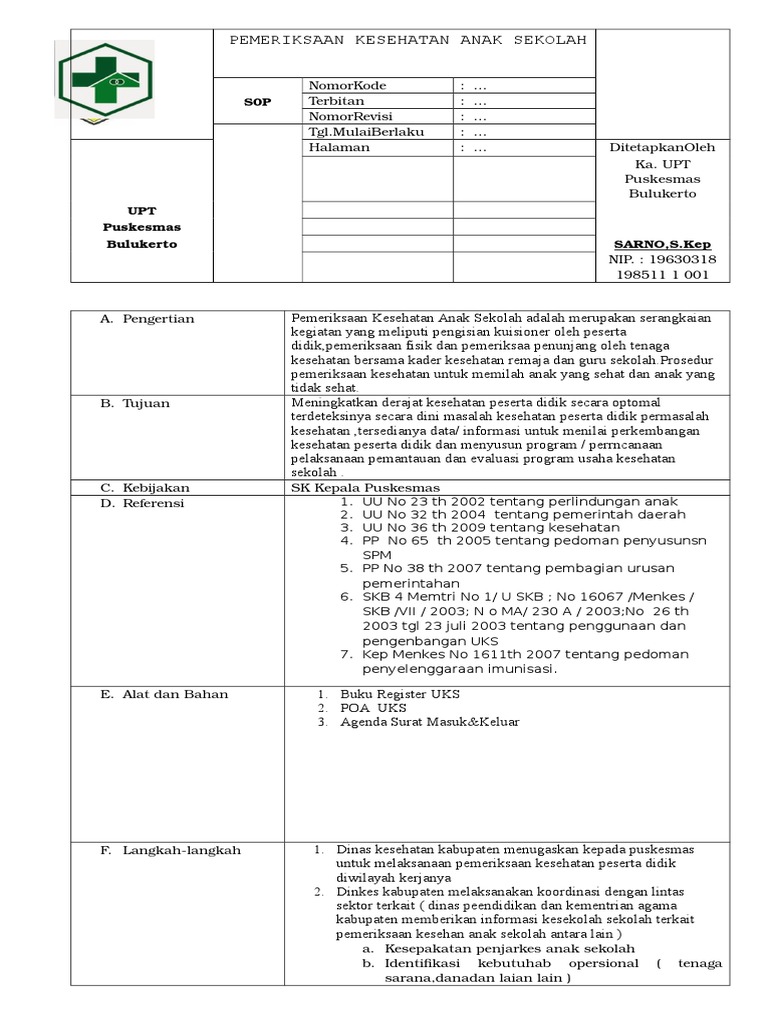 Sop Pemeriksaan Kesh Anak Sekolah | PDF | Pengembangan Diri | Kesehatan Holistik