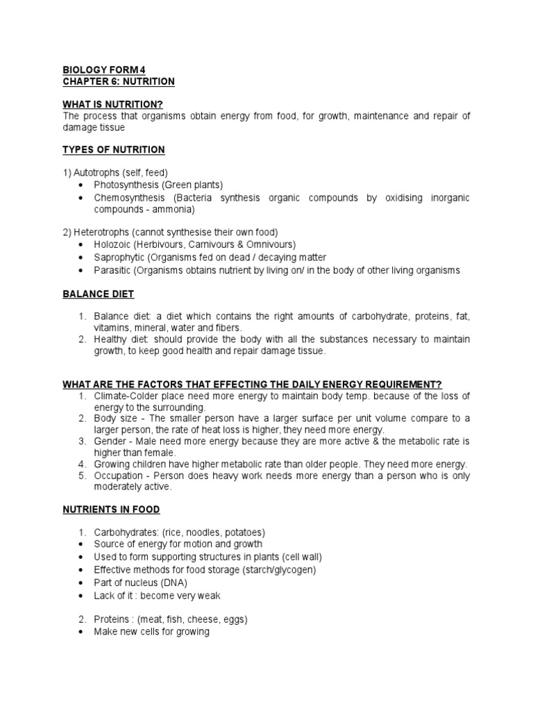 Biology Form 4 Chapter 6 Nutrition | PDF | Nutrition | Diet & Nutrition