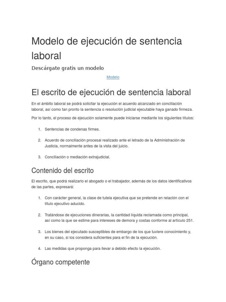 Modelo de Ejecución de Sentencia Laboral Modelo de Ejecución de Sentencia Laboral