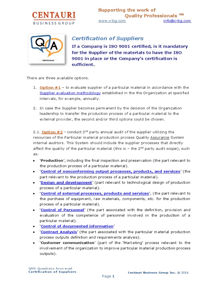 ISO 9001:2015 Questions Answered: Suppliers Certification | PDF | Iso ...
