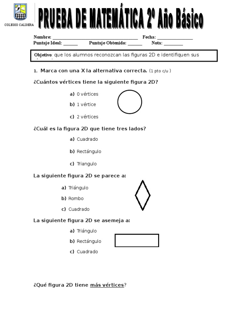 Prueba de Figuras 2D para Segundo Básico | PDF | Hogar, jardinería y ...