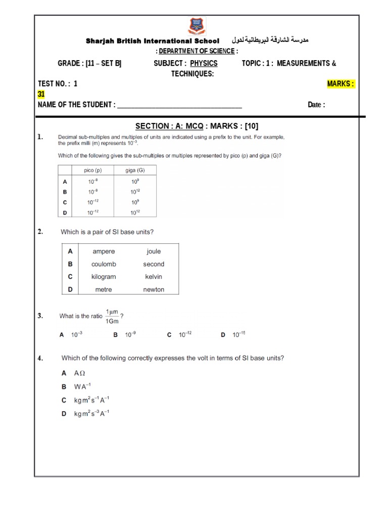 Grade 11 Physics Test: Measurements | PDF | Technology & Engineering